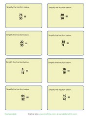 Simplifying fractions worksheet, game, quiz and flash card